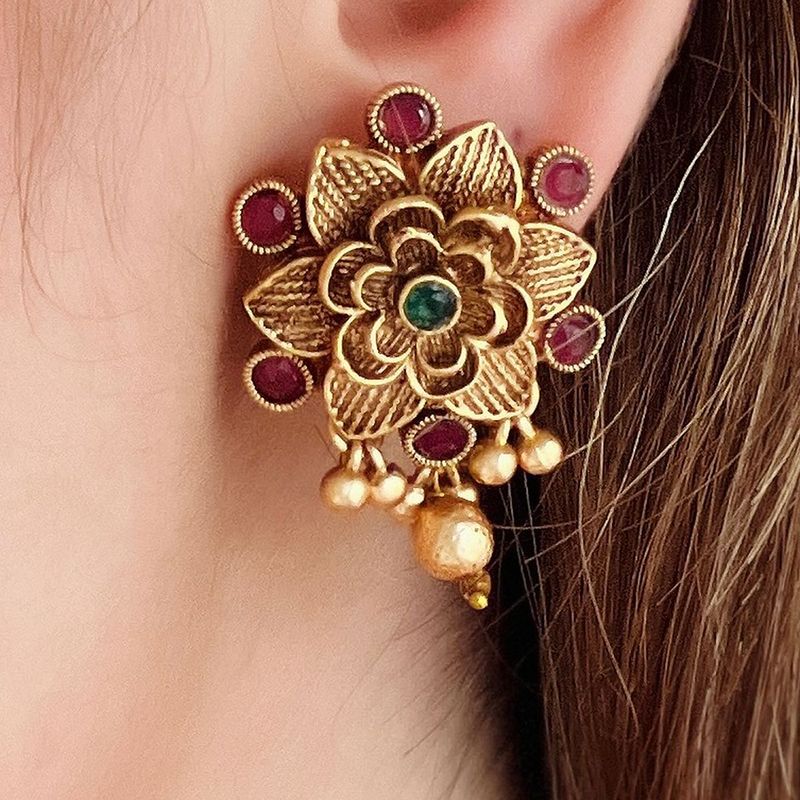 Buy Azai by Nykaa Fashion Ethnic Flower Patterned Gold Studs With Multi ...