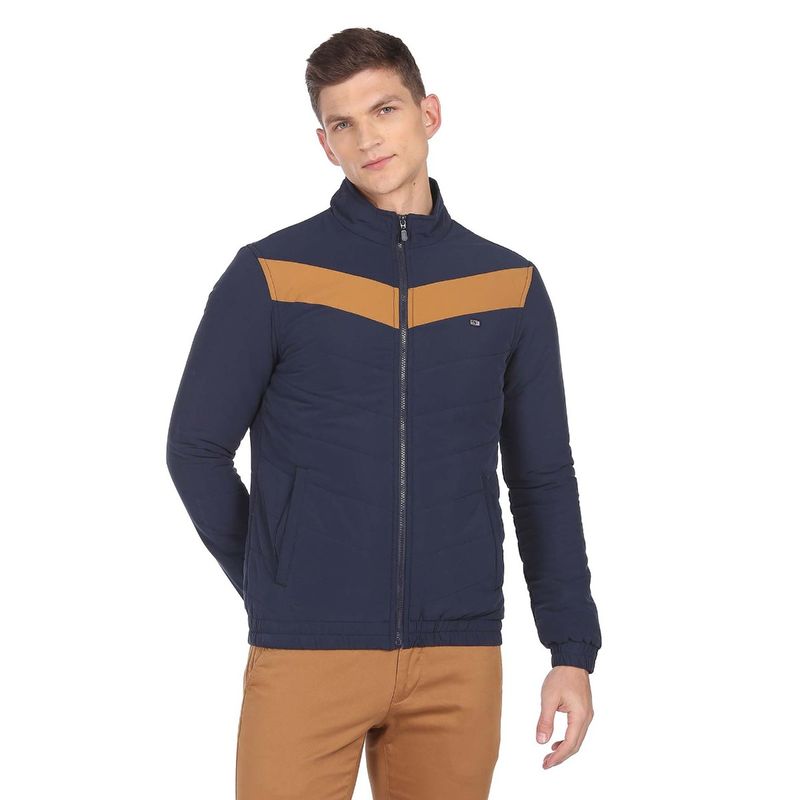 Buy Arrow Sports Men Navy Blue High Neck Colour Block Jackets Online