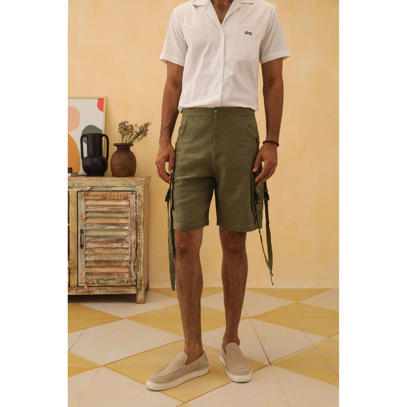 Buy PRIMAL GRAY Green Linen Solid Plain Shorts Online