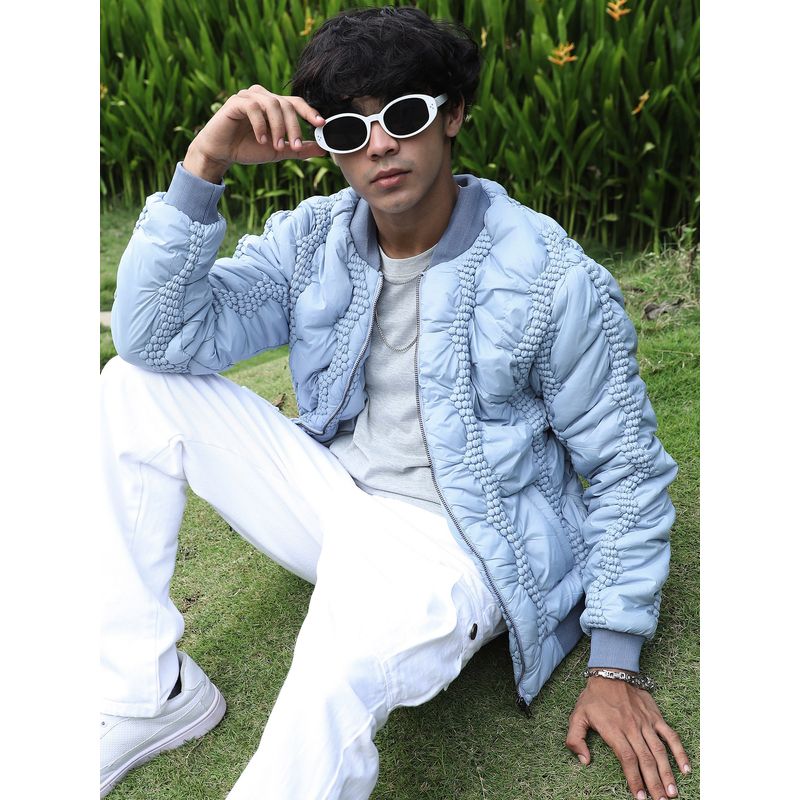 Buy Campus Sutra Men Icy Blue Braided Crease Puffer Jacket Online