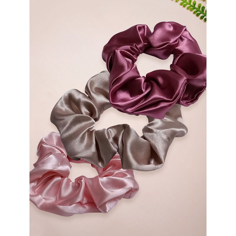 Buy OOMPH Combo of 3 Multi Color Satin Silk Scrunchie Rubber Band Hair ...