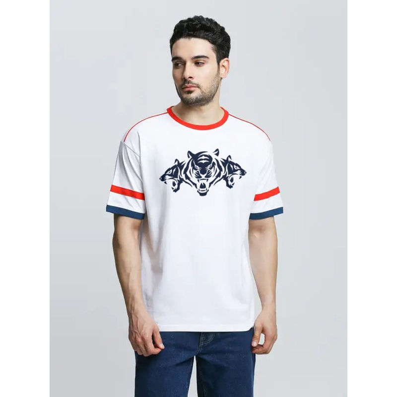 Buy FanCode Shop White Logo Printed Half Sleeves Round Neck Oversized ...