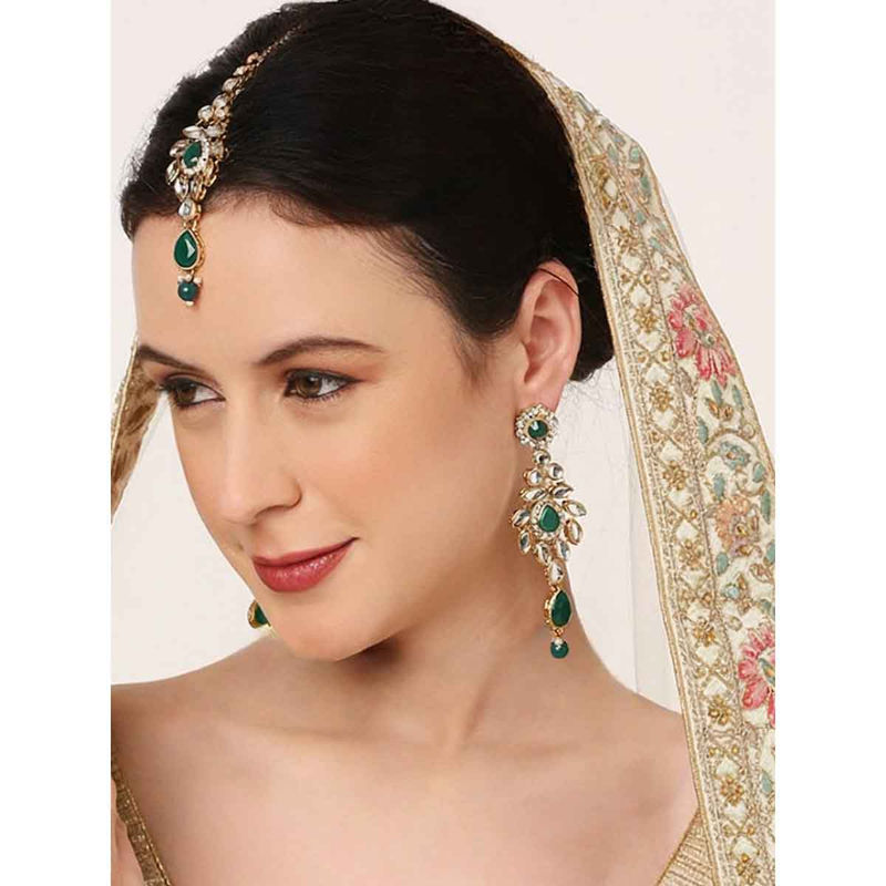 Buy OOMPH Green Kundan Maangtikka with Earrings for Women Online