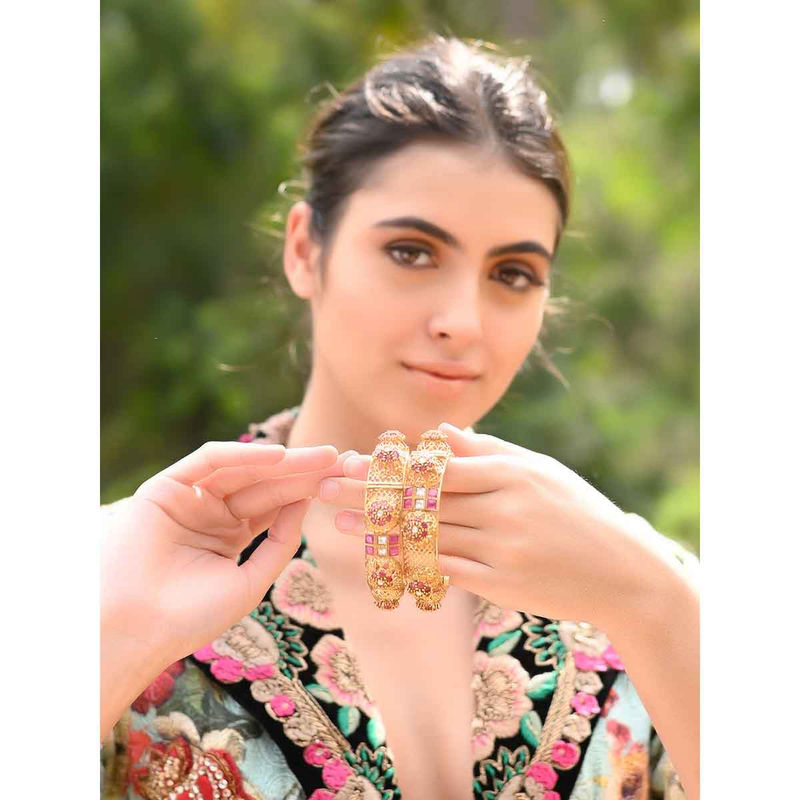 Buy Odette Women Gold Broad Imitation Kadas (Set Of 2) Online