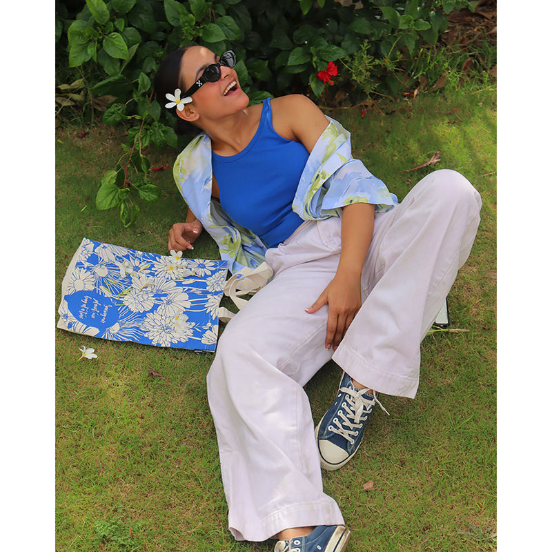 Buy EcoRight Blue Flowers Canvas Tote Bag with Zip Online