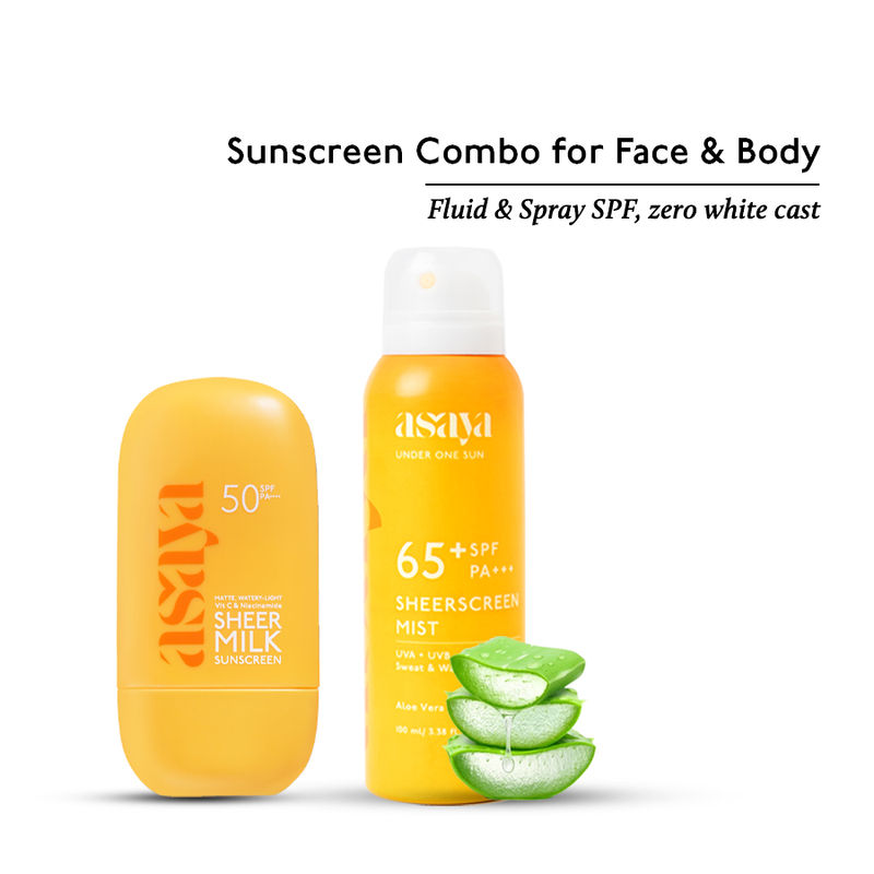 Buy Asaya Sheer Milk Sunscreen SPF 50 & 65+ Sunscreen Spray - Pack Of 2 ...