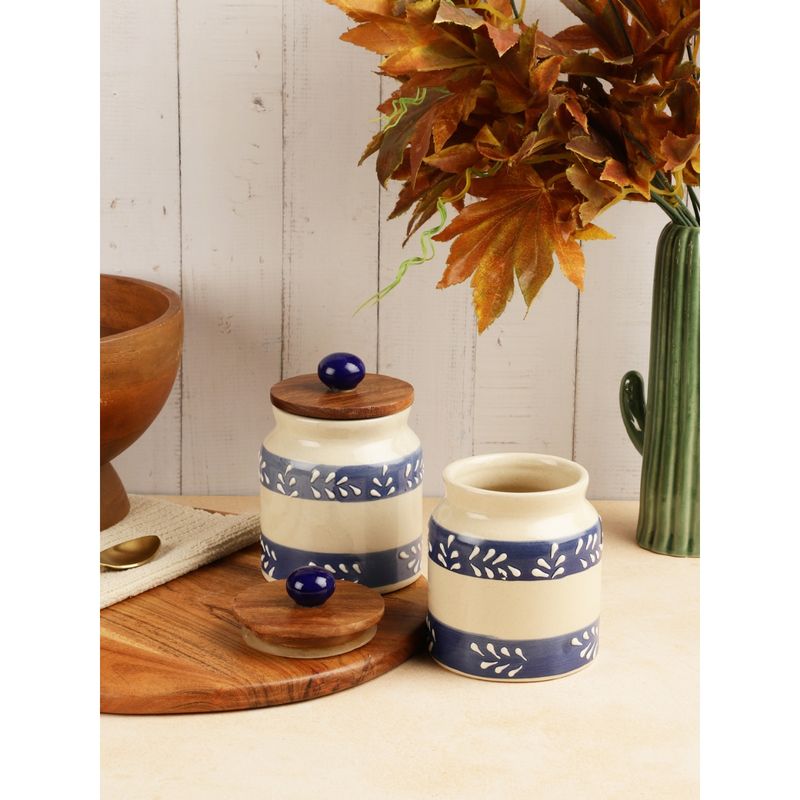 Buy VarEesha Blue White Embossed Handmade Ceramic Jars, Barnis with ...
