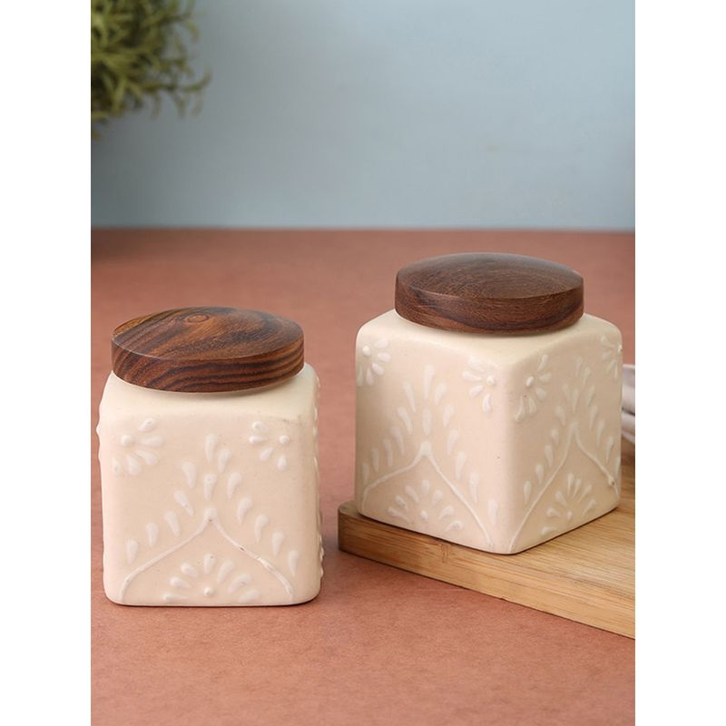Buy VarEesha White Handpainted Embossed Ceramic Air Tight Square ...