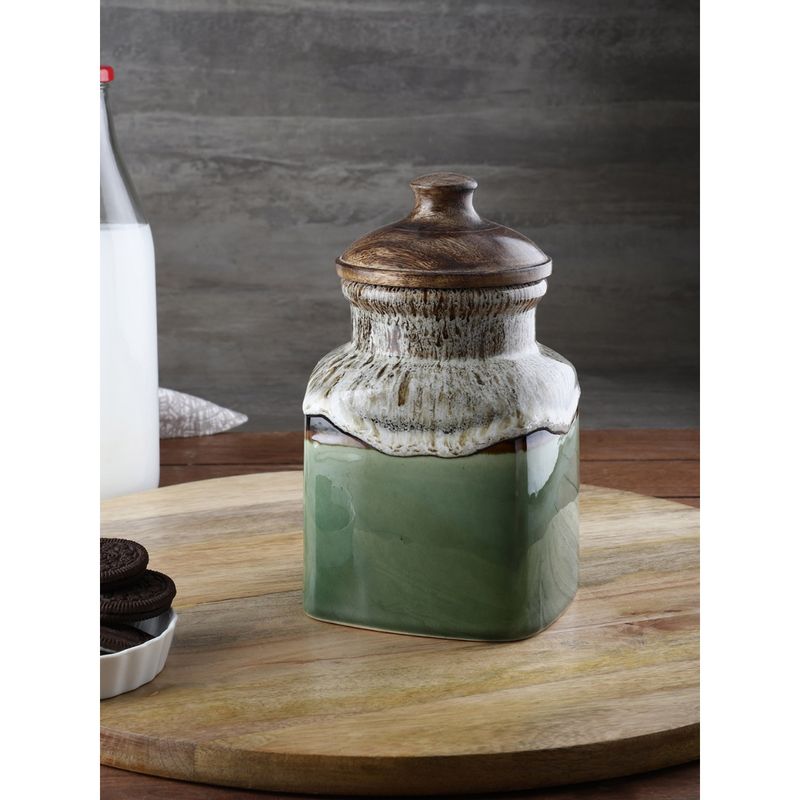 Buy VarEesha Hand Painted Studio Pottery Green Airtight Ceramic Jar with Wooden Lid - 1000 gms ...