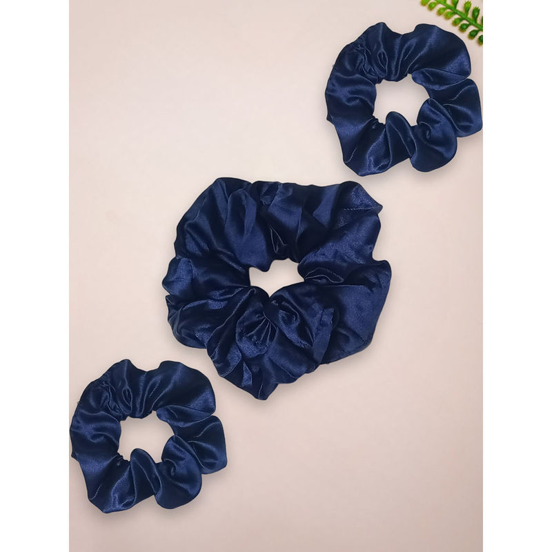 Buy OOMPH Navy Blue Satin Silk Scrunchies - Pack of 3 Online