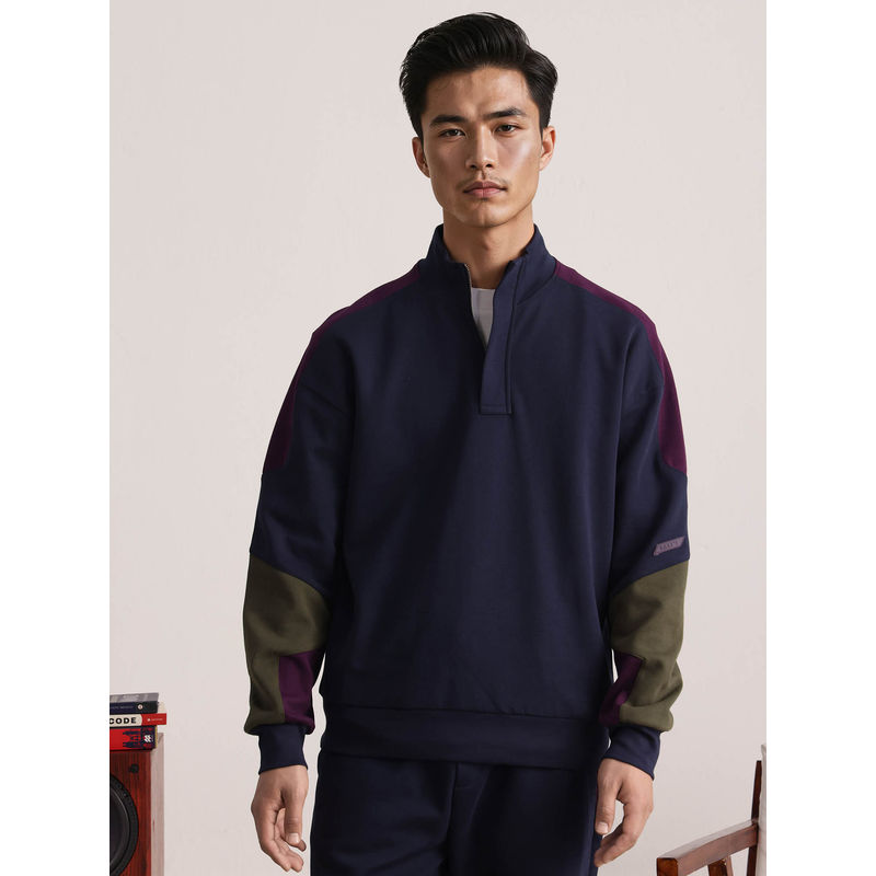 Buy Rare Rabbit Armo Navy Blue Color Block Regular Fit Sweatshirt Online