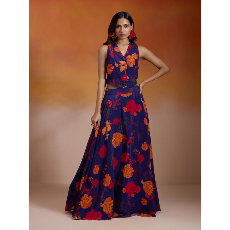 Buy Gajra Gang Bandhan Babes Navy Blue Crepe Floral Printed Waistcoat ...