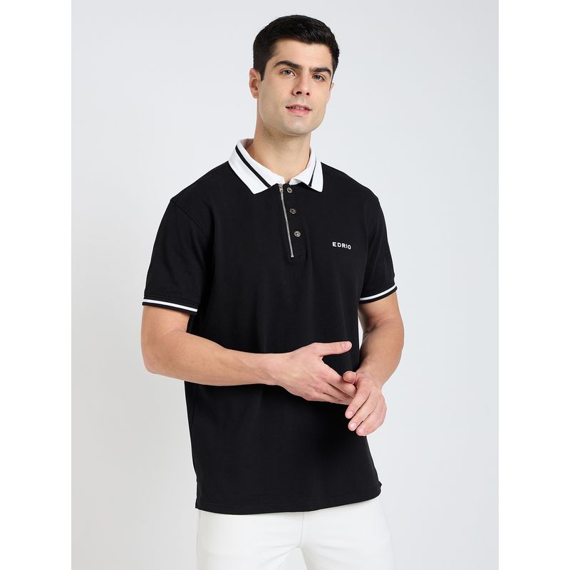 Buy EDRIO Black Monochrome Signature Polo T-Shirt for Men Online