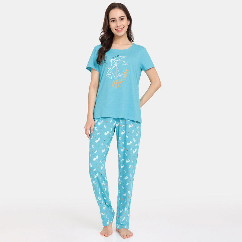 Buy Zivame Rosaline Joy Sticks Knit Cotton T-Shirt and Pyjama - Ceramic ...