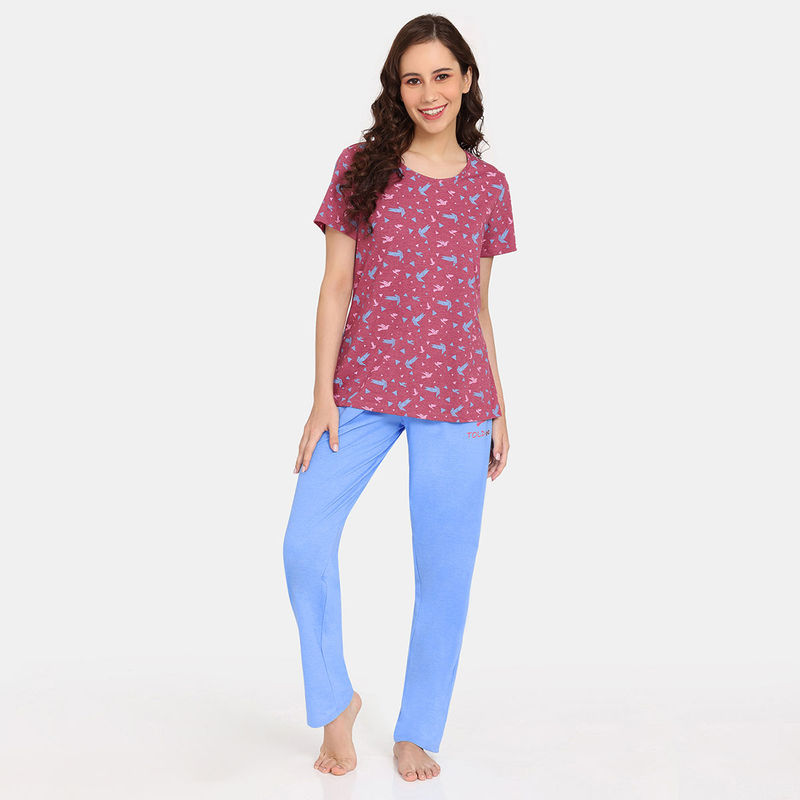 Buy Zivame Rosaline Joy Sticks Knit Cotton T-Shirt and Pyjama - Sangria ...