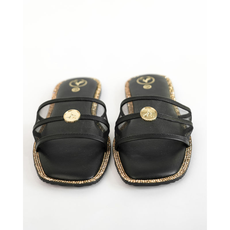 Buy Sana K Luxurious Footwear Black Open Toe Narrow Fit Flats Online