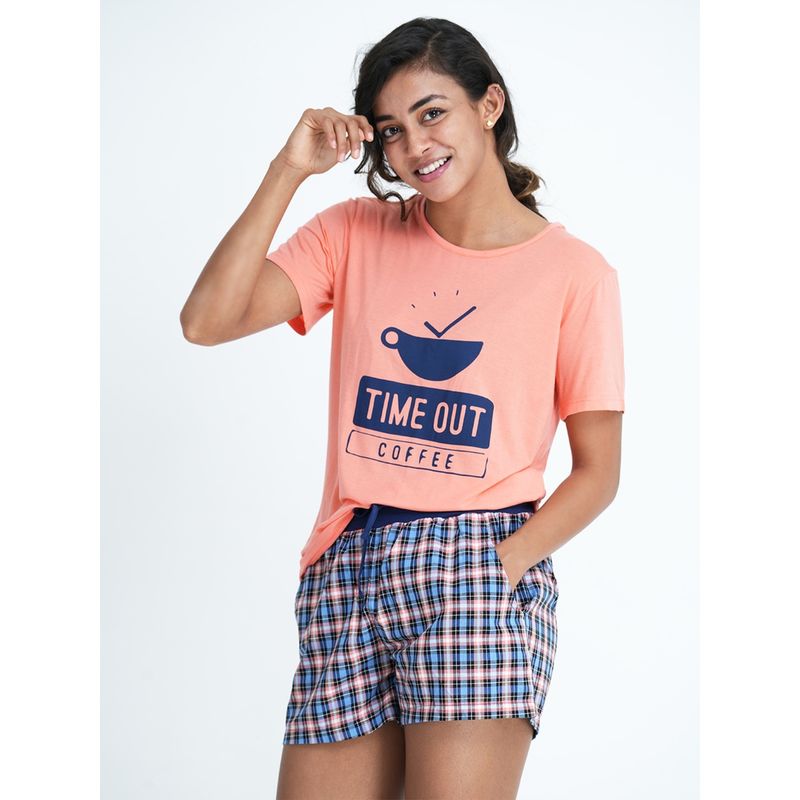 Buy Mackly Womens Checked Tshirt & Shorts Set-Peach Online