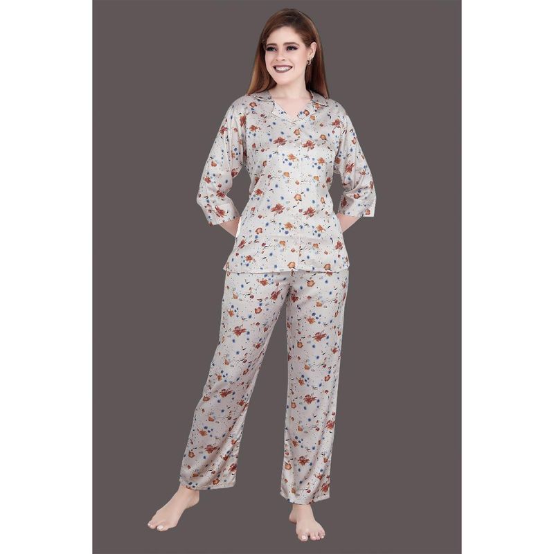 Buy Velure Vintage Floral Print Satin Night Suit (Set of 2) Online