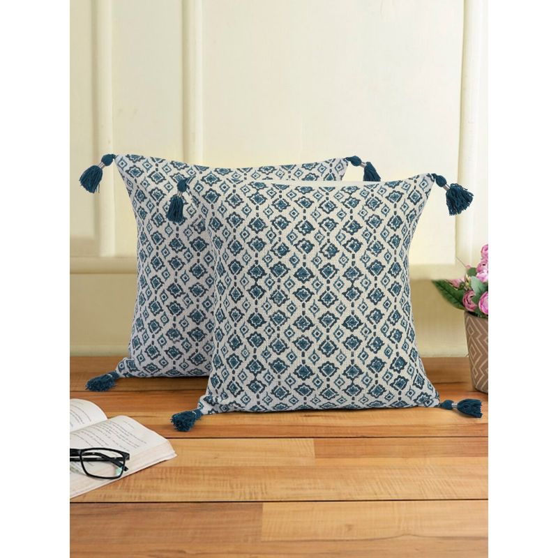 Buy Eyda Hand Block Blue Color Cushion Cover Set of 2(18x18 Inch) Online