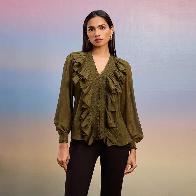 Buy RSVP by Nykaa Fashion Olive Green Solid V Neck Full Sleeves Ruffled ...