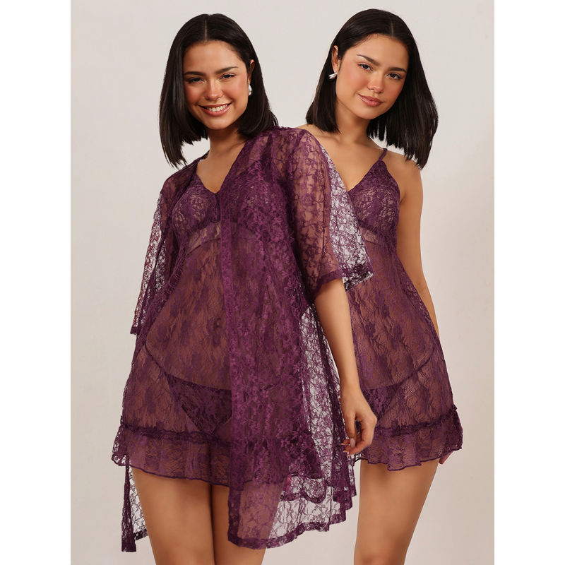 Buy Clovia Chic Basic Purple Self Patterned Babydoll with G-string and ...