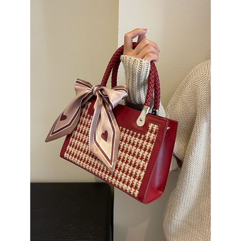 Buy Styli Women's Red Houndstooth Tweed Ribbon Design Shoulder Bag (Set ...