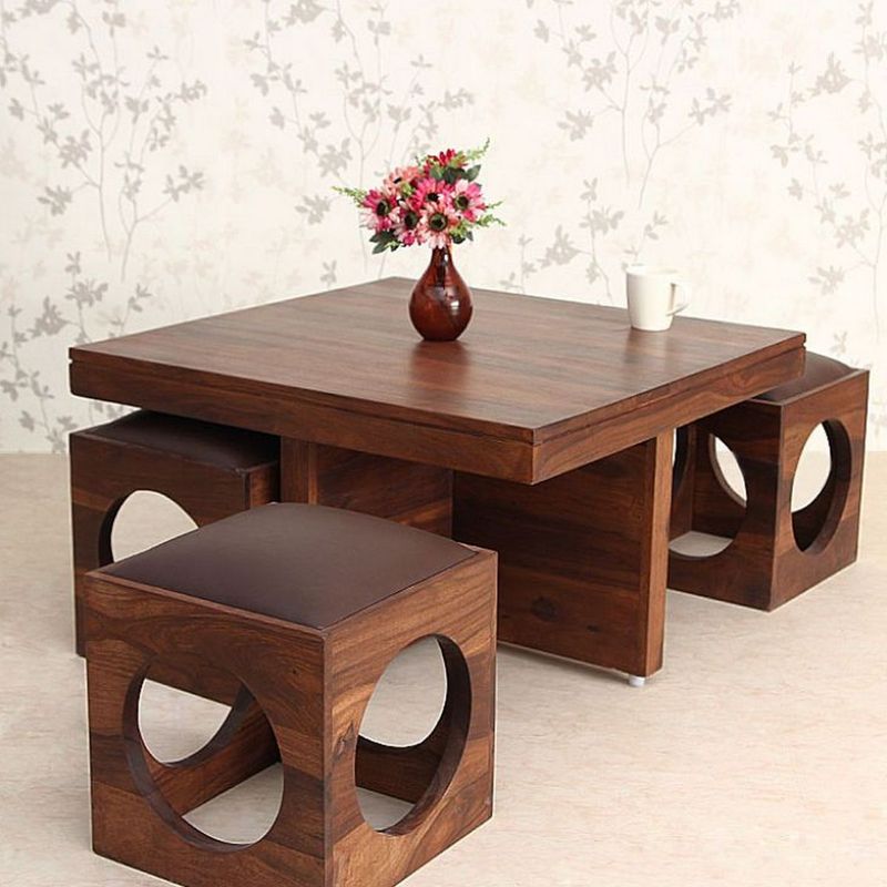 Buy Ikiriya Nordic Coffee Table with 4 Stools Set Honey Oak Finish ...