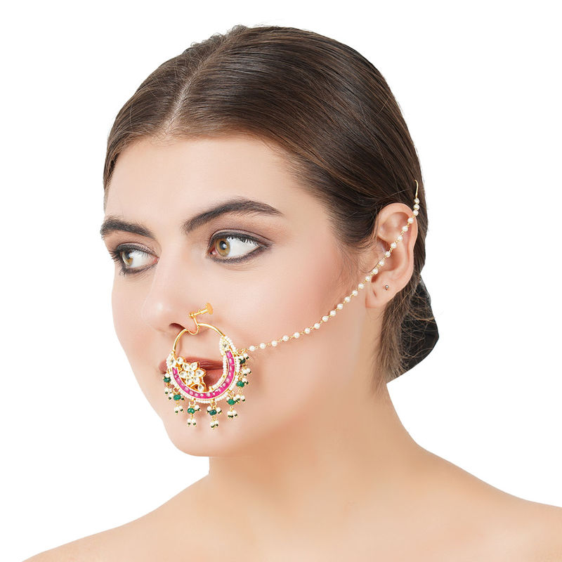 Buy Auraa Trends 22Kt Gold Plated Kundan Classic Pink Nose Ring Online