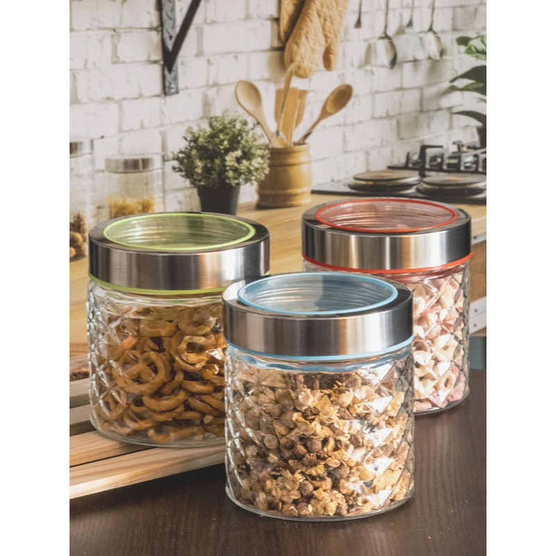 Buy Goodhomes Glass Storage Embossed Jar (Set of 3) Online