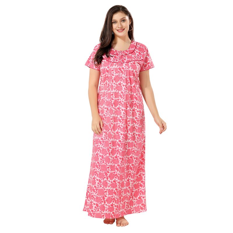 Buy PIU Front Open Plus Size Cotton Half Sleeves Floral Print Nighty ...