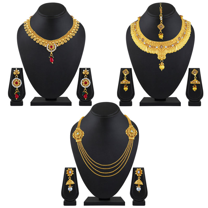 Asmitta Traditional Jalebi Design Gold Plated Set Of 3 Choker Necklace