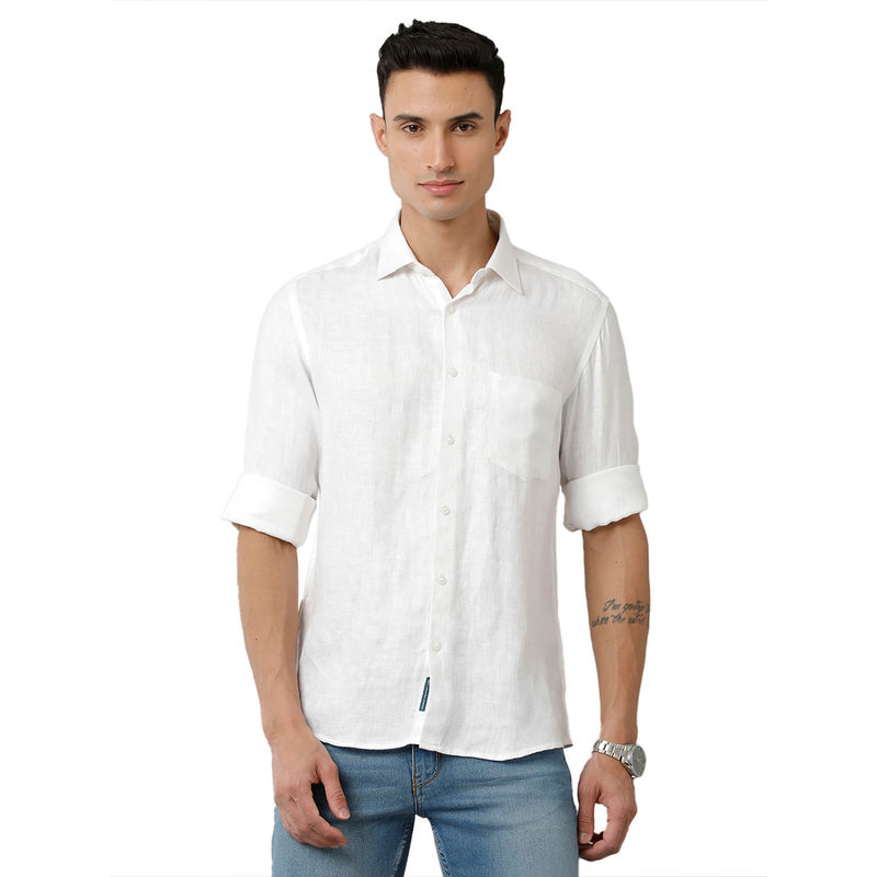 Buy Linen Club Men's Pure Linen White Printed Regular Fit Full Sleeve ...