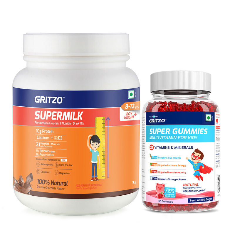 Buy Gritzo SuperMilk Height+, 7-12y Boys with Super Gummies (Double ...