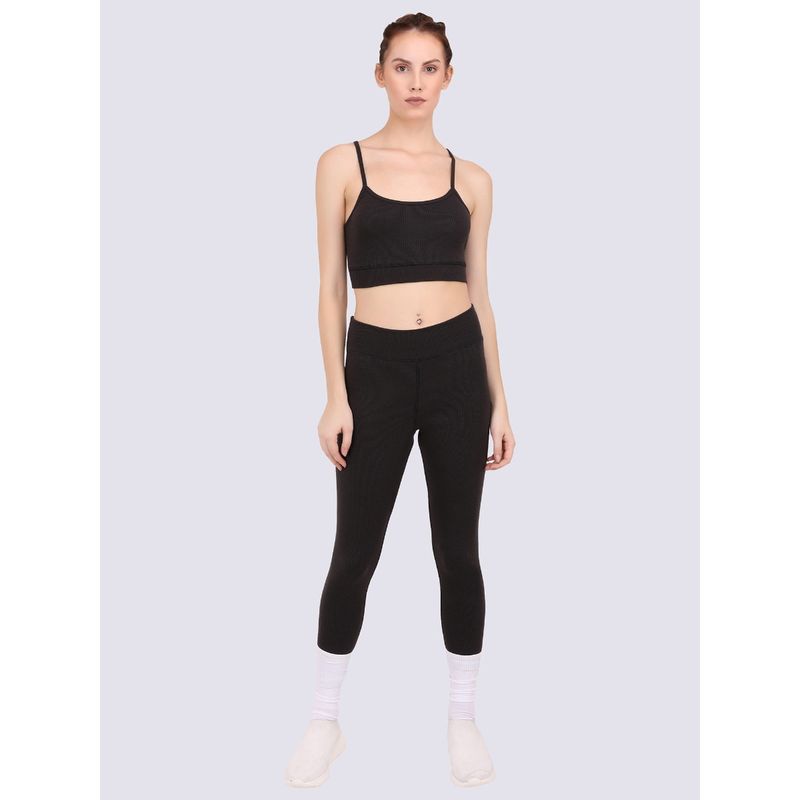 EVERDION Black Ribbed Sports Bra And Leggings Track Suit Set Of 2: Buy ...