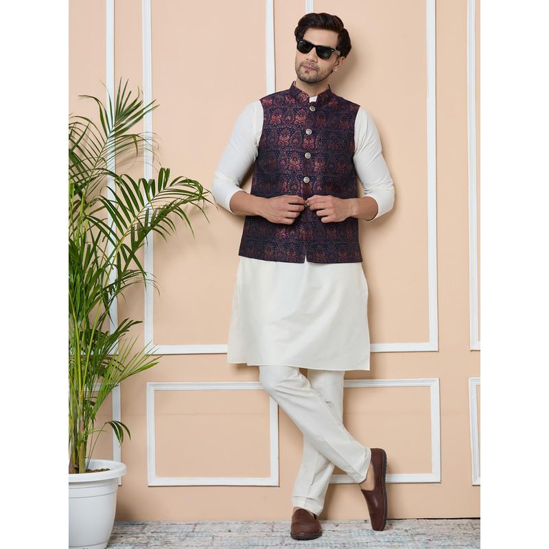 Buy See Designs Navy Woven Jacquard Nehru Jacket with Solid Kurta ...
