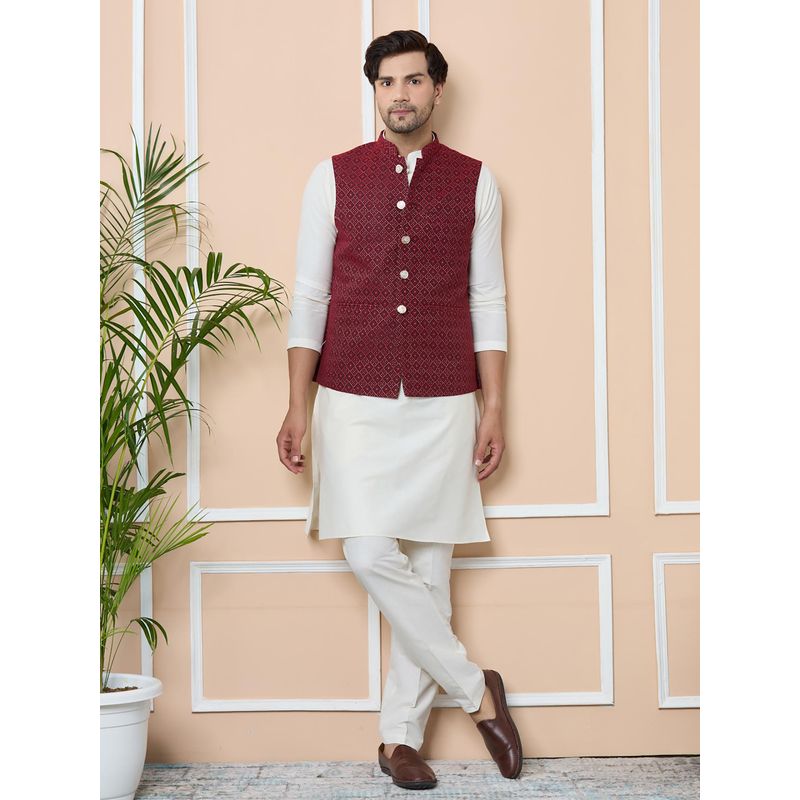 Buy See Designs Red Woven Jacquard Nehru Jacket with Solid Kurta Pyjama ...
