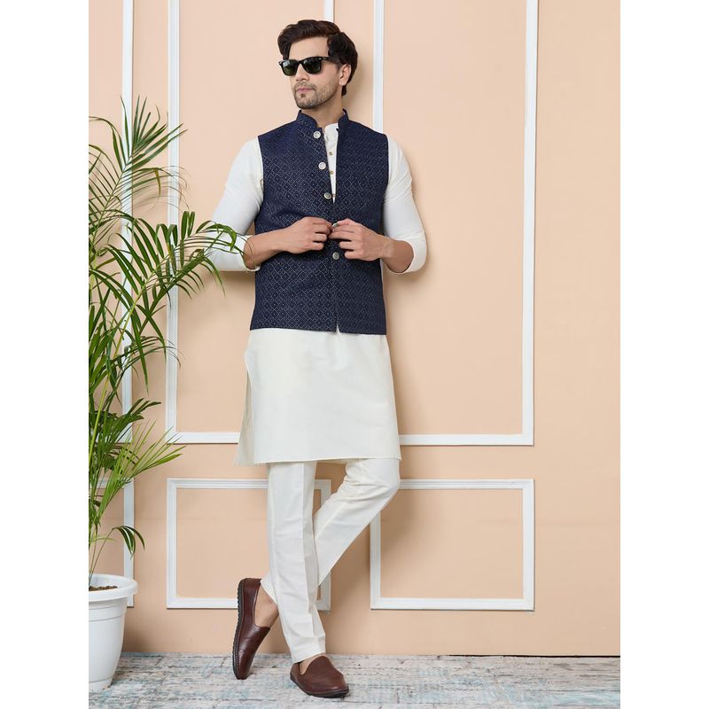 Buy See Designs Blue Woven Jacquard Nehru Jacket with Solid Kurta ...