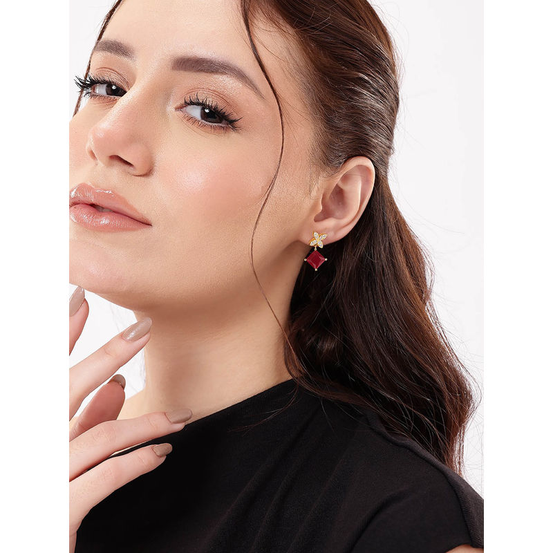 Buy Carlton London 18kt Gold Plated CZ Floral Ruby Square Drop Earrings ...