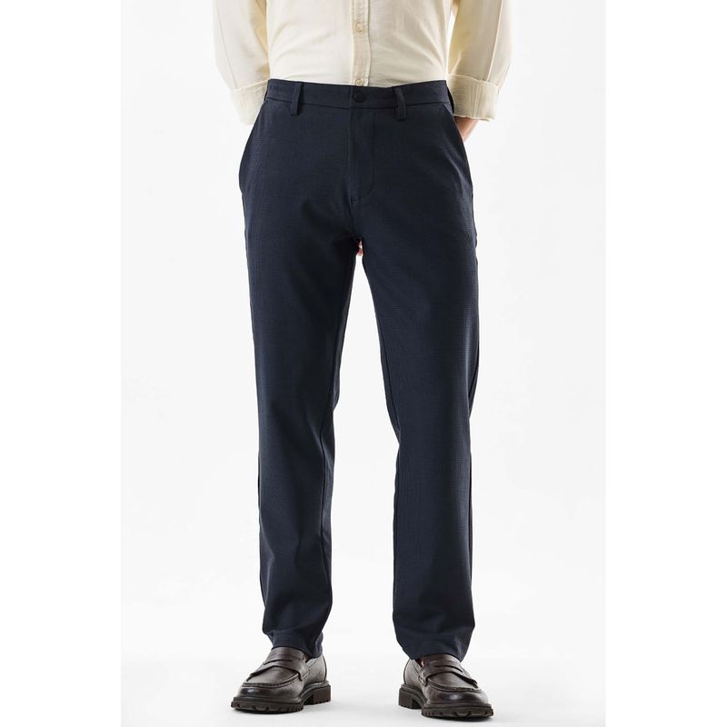 Buy Snitch Navy Blue Checks Slim Formal Trouser for Men Online