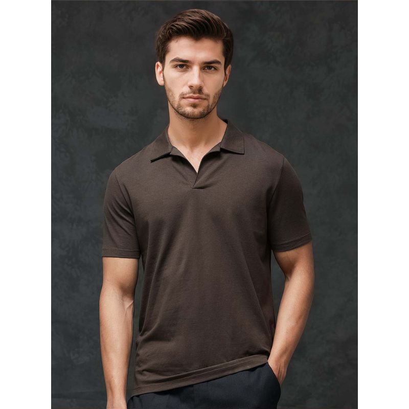 Buy Rare Rabbit Krib-2 Dark Brown Plain Regular Fit Polo T-shirt Online