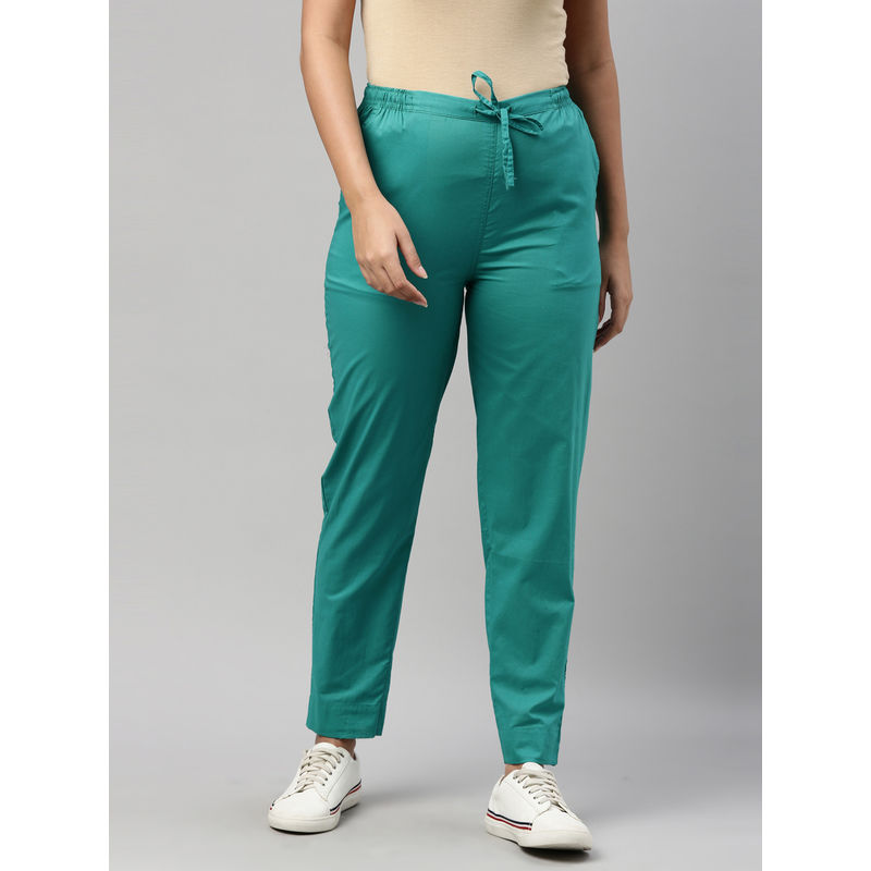 Buy Go Colors Women Peacock Solid Mid Rise Cotton Pants - Green Online