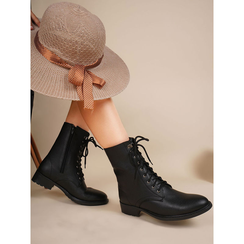 Buy SHUZ TOUCH Black Solid Lace Up Boots Online