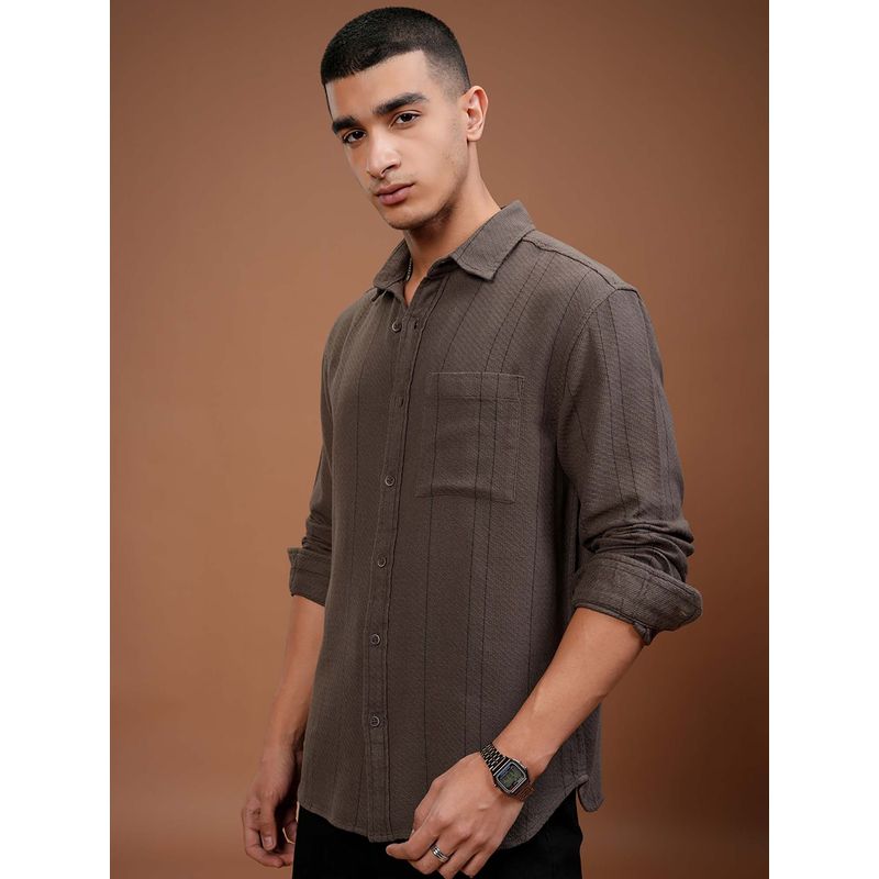 Buy HIGHLANDER Men Brown Dobby Textured Stripes Relaxed Fit Shirt Online