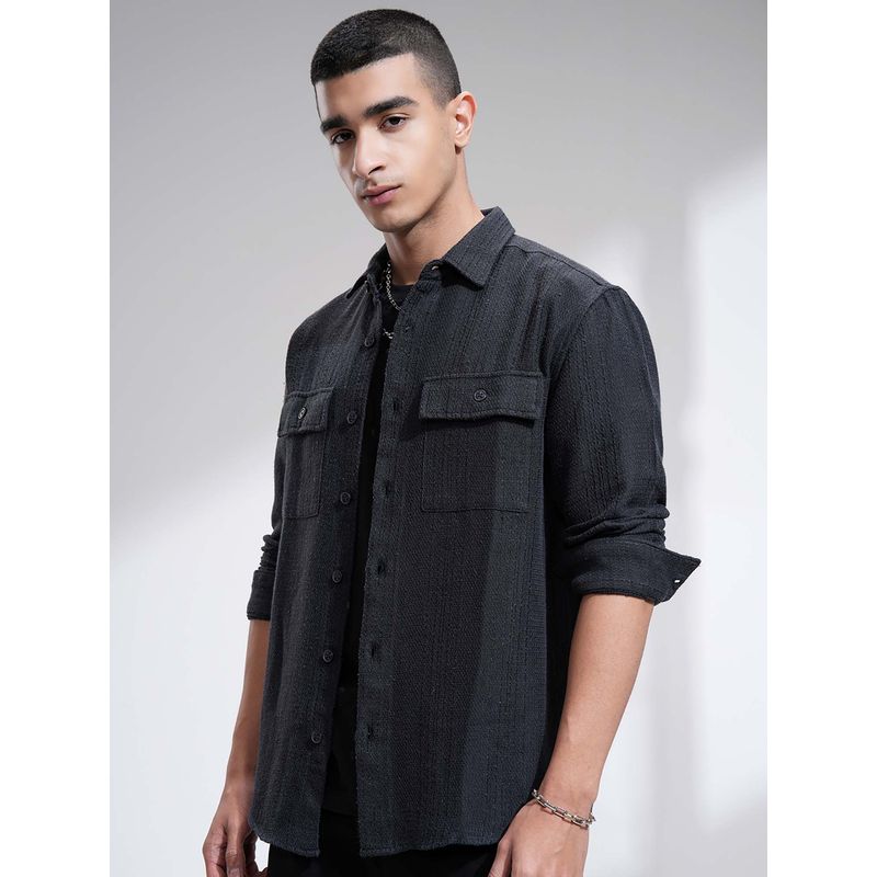 Buy HIGHLANDER Men Charcoal Dobby Textured Relaxed Fit Shirt Online