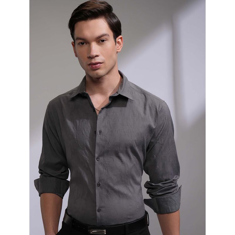 Buy HIGHLANDER Men Grey Popcorn Textured Full Sleeves Shirt Online