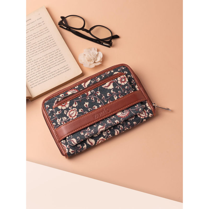 Buy Zouk Chittoor Navy Blue Kalamkari Classic Zipper Wallet Online