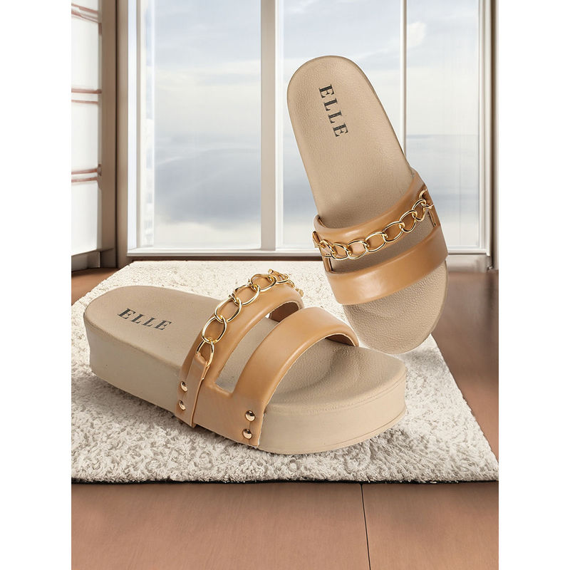 Buy ELLE Womens Tan Color Golden Chained Casual Wear Sliders Online