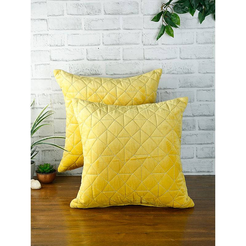 Buy eyda Super Soft Velvet Yellow Color Set Of 2 Quilted Cushion Cover ...