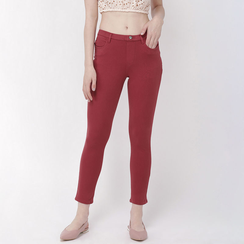 Buy Go Colors Maroon Cropped Super Stretch Jegging Online
