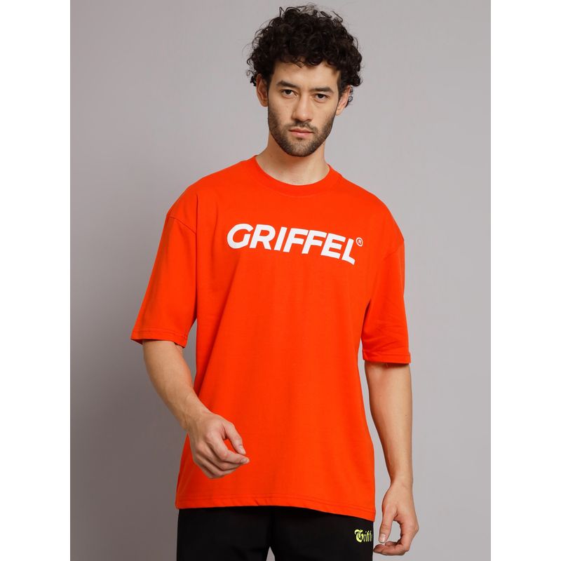 Buy Griffel Men Signature Logo Neon Orange Oversized Drop Shoulder T ...